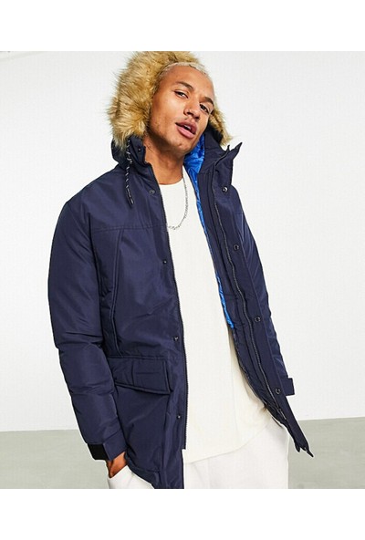 Jack & Jones Erkek Lacivert Kürk Kapüşonlu Mont Jack & Jones Erkek Lacivert Kürk Kapüşonlu Mont