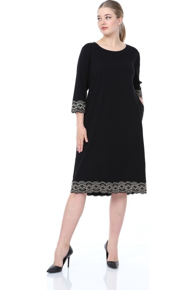 Petmudo AVM Lir Kadın Büyük Beden Truvakar Kol Etek Ucu Dantel Detay Elbise Siyah L1608