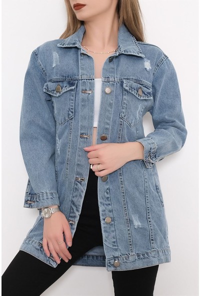 İlkecim Butik Tırnaklı Salaş Kot Ceket Açıkmavi - 9929.007.