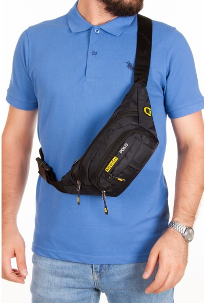 Newish Polo Unisex Kulaklık USB Çıkışlı Bel Omuz ve Göğüs Çantası Kumaş Bodybag Siyah Sarı