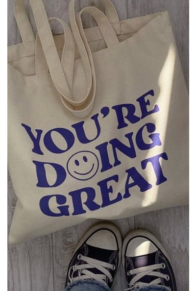 Bagand You're Doing Great Baskılı Ham Bez Çanta