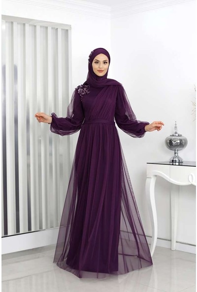 Piennar Derin Omuzu Çiçekli Hakim Yakalı Tül Tesettür Abiye Mor
