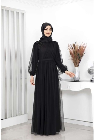 Piennar Derin Omuzu Çiçekli Hakim Yakalı Tül Tesettür Abiye Siyah