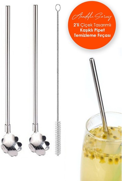 Anadolu Saray Çarşısı 2'li Kaşıklı Pipet Paslanmaz Krom Çiçek Tasarımlı Kaşıklı Çizilmez Metal Pipet ve Temizleme Fırçası