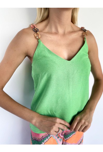 Kadın Renkli Zincir Askılı Yeşil Keten Bluz