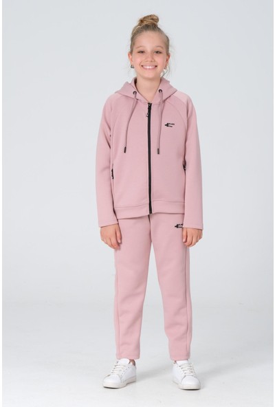 Black One Kız Çocuk Scuba Kumaş Fermuarlı Kapüşonlu Baskı Detaylı Çift Cep Eşofman Takımı