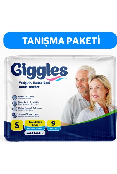 Giggles Yetişkin Bel Bağlamalı Hasta Bezi Small 9'Lu 1 Paket 9 Adet Giggles Yetişkin Bel Bağlamalı Hasta Bezi Small 9'Lu 1 Paket 9 Adet