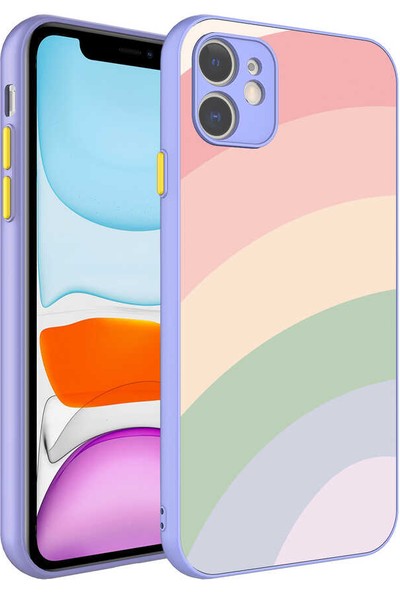 Fibaks Apple iPhone 11 Uyumlu Renkli Ebru Desenli Arkası Cam Renkli Tuşlu Sert Kapak Fibaks Apple iPhone 11 Uyumlu Renkli Ebru Desenli Arkası Cam Renkli Tuşlu Sert Kapak