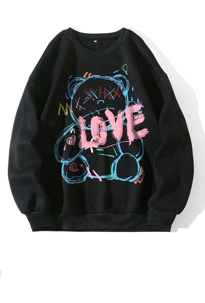 Laluvia Siyah Love Teddy Baskılı Oversize Sweatshirt Laluvia Siyah Love Teddy Baskılı Oversize Sweatshirt