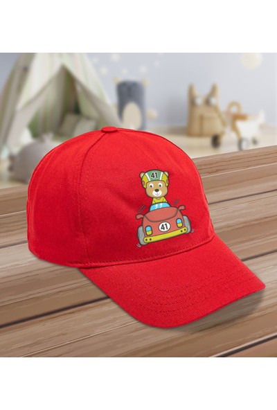 Bk Kids Yarışçı Ayı Tasarımlı Cotton Çocuk Şapkası-Kırmızı