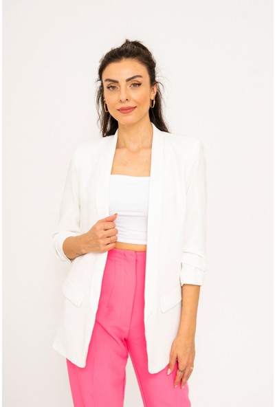 Ekru Kol Büzgülü Boyfriend Ceket