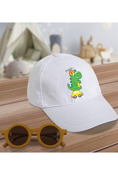Bk Kids Sevimli Dinozor Tasarımlı Beyaz Cotton Çocuk Şapkası ve Sarı Çocuk Güneş Gözlüğü Hediye Seti Bk Kids Sevimli Dinozor Tasarımlı Beyaz Cotton Çocuk Şapkası ve Sarı Çocuk Güneş Gözlüğü Hediye Seti