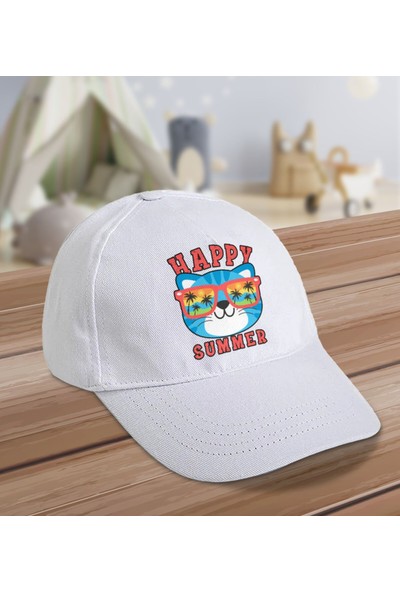 Bk Kids Happy Summer Tasarımlı Cotton Çocuk Şapkası-Beyaz