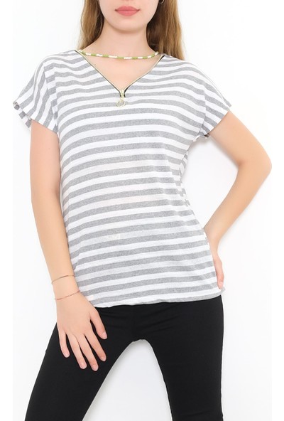 Pembe Avm Fermuarlı Çizgili Tişört Gribeyaz - 9657.1567. Pembe Avm Fermuarlı Çizgili Tişört Gribeyaz - 9657.1567.
