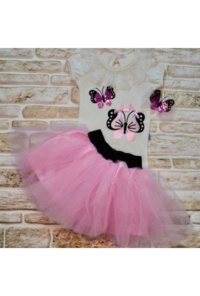 Needaya Kelebeğin Dostluğu Figürlü Kısa Kol Yazlık Tütü Bebek Takımı - Toka Hediyeli - Kız