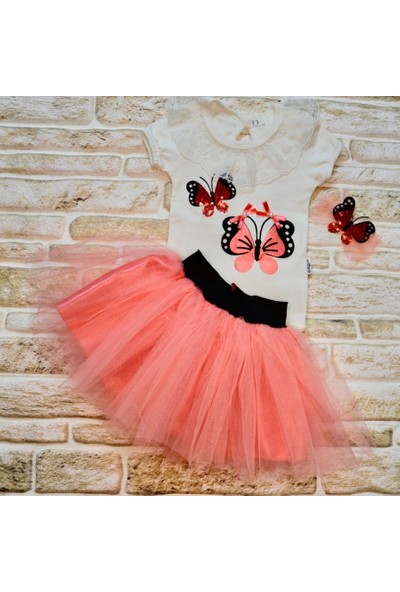 Needaya Kelebeğin Dostluğu Figürlü Kısa Kol Yazlık Tütü Bebek Takımı - Toka Hediyeli - Kız