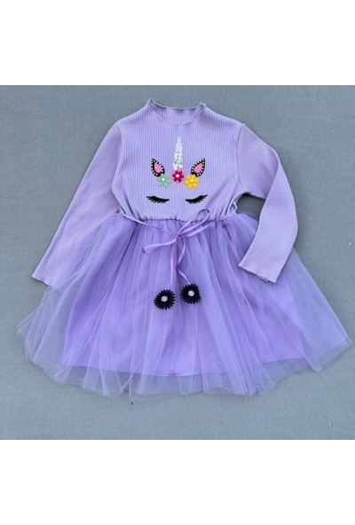 Needaya Çiçekli Unicorn Figürlü Uzun Kol Çocuk Tütü Elbise - Kız