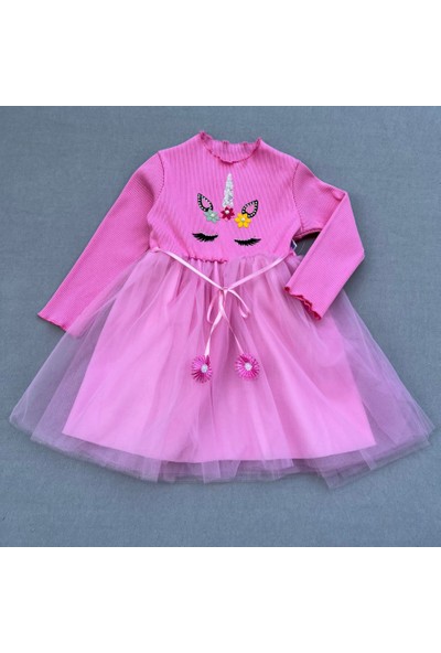 Needaya Çiçekli Unicorn Figürlü Uzun Kol Çocuk Tütü Elbise - Kız