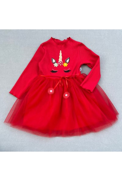 Needaya Çiçekli Unicorn Figürlü Uzun Kol Çocuk Tütü Elbise - Kız