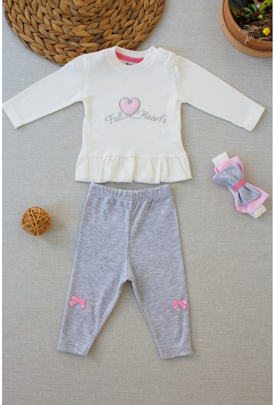Needaya Tam Kalpler Yazılı Saç Bandı ve Kurdele Detaylı 3'lü Mevsimlik Bebek Takımı - Kız