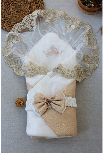 Needaya Tül Detaylı 4 Mevsim Taç ve Fiyonk Figürlü Klasik Kundak - Unisex (Kahverengi)