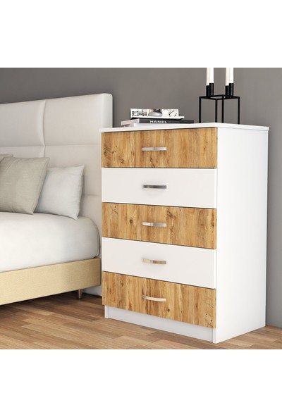 Tanmob Şifonyer 5 Çekmeceli Beyaz Çam - SFY0203