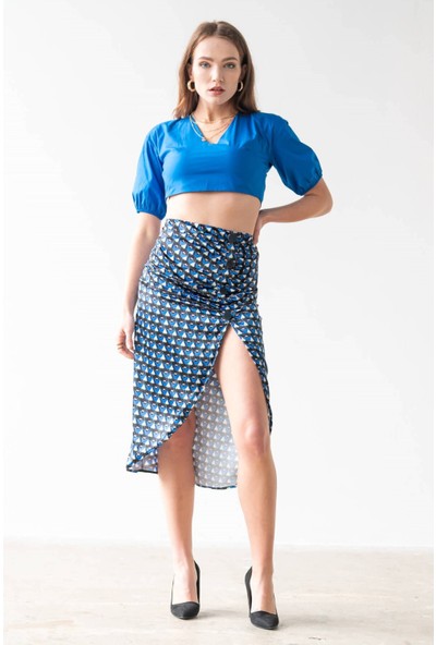 Drapeli Yırtmaçlı Saten Etek - Saks