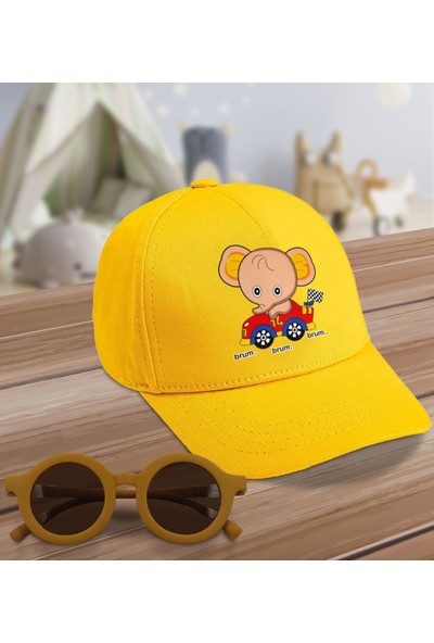 Bk Kids Yarışçı Fil Tasarımlı Sarı Cotton Çocuk Şapkası ve Sarı Çocuk Güneş Gözlüğü Hediye Seti