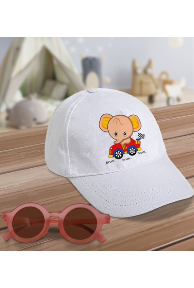 Bk Kids Yarışçı Fil Tasarımlı Beyaz Cotton Çocuk Şapkası ve Pembe Çocuk Güneş Gözlüğü Hediye Seti Bk Kids Yarışçı Fil Tasarımlı Beyaz Cotton Çocuk Şapkası ve Pembe Çocuk Güneş Gözlüğü Hediye Seti