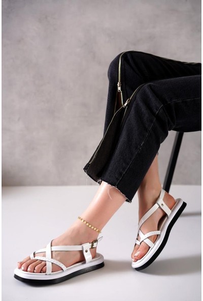 Bpm Alaçatı Hakiki Deri Beyaz Kadın Sandalet