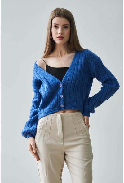 V Yaka Triko Hırka - Mavi