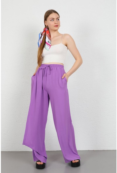 Giysi Dünyası Lila Bel Lastikli ve Kordonlu Cepli Şalvar Mod Pantalon