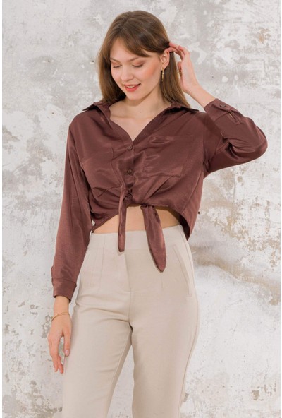 Belden Bağlamalı Saten Gömlek - Kahverengi
