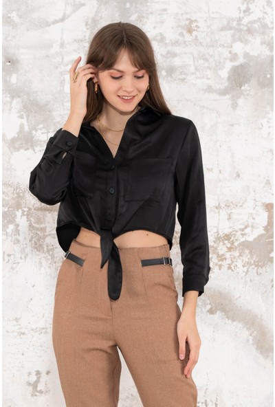Belden Bağlamalı Saten Gömlek - Siyah