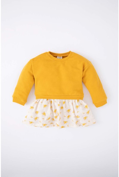 DeFacto Kız Bebek Çiçekli Regular Fit Bisiklet Yaka Uzun Kollu Elbise Y7279A222AU