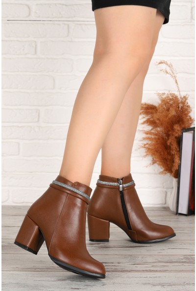 Woggo 513 Cilt Fermuarlı 6 cm Topuk Taşlı Kadın Bot Ayakkabı