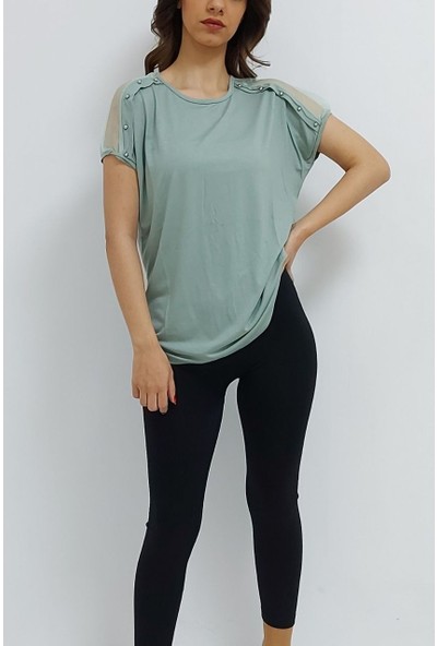 Mint Omuzu Tüllü Incili Bluz Mint