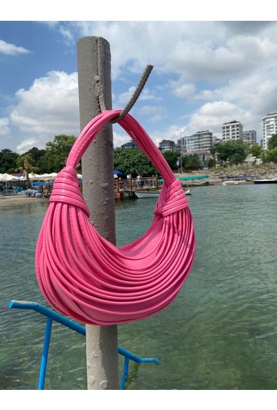 Kozal Aksesuar Ibiza Serisi Pembe Deri Ip ile Bezenmiş El Veya Kol Çantası