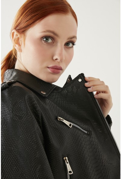 Meecy Kadın Yılan Derisi Detaylı Deri Ceket
