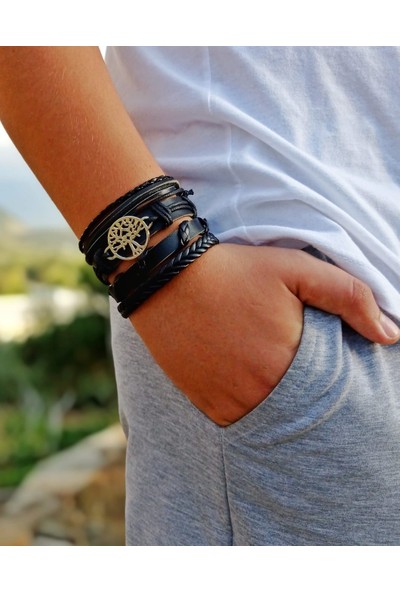 BSN Hayat Ağacı Figürlü Deri Bileklik (4 Parça) BSN Hayat Ağacı Figürlü Deri Bileklik (4 Parça)