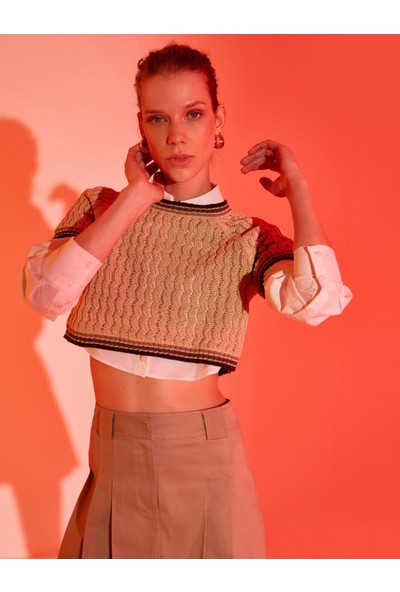 Crop Süveter Kısa Kollu Bisiklet Yaka