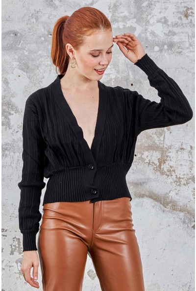 Düğme Detaylı V Yaka Kaşkorse Hırka - Siyah