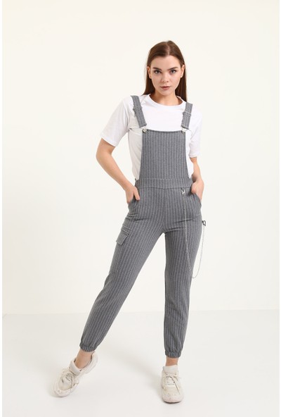 Rays Zincir Aksesuarlı Salopet Çizgili-Gri