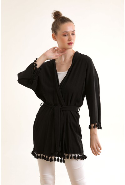 Rays Püskül Detaylı Kimono Siyah
