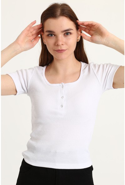 Rays Yaka Çıtçıtlı Bluz Beyaz