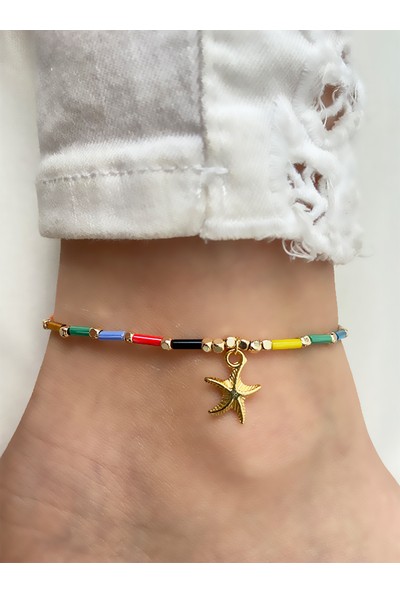 Sgaccessory Uzun Renkli Boncuklu Gold Yıldızlı Kadın Halhal Sgaccessory Uzun Renkli Boncuklu Gold Yıldızlı Kadın Halhal
