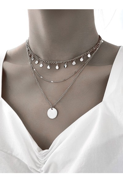 Fa&Le Aksesuar Yuvarlak Detaylı Çok Pullu Katmanlı Gümüş Renk Kolye