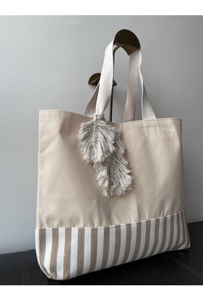 Sisaart Kanvas Altı Çizgili Aksesuarlı Plaj Çanta