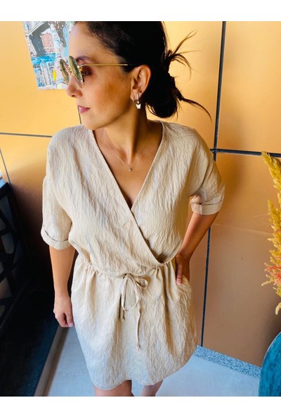 Ekru Renk Kroveze Yaka Truvakar Kol Elbise