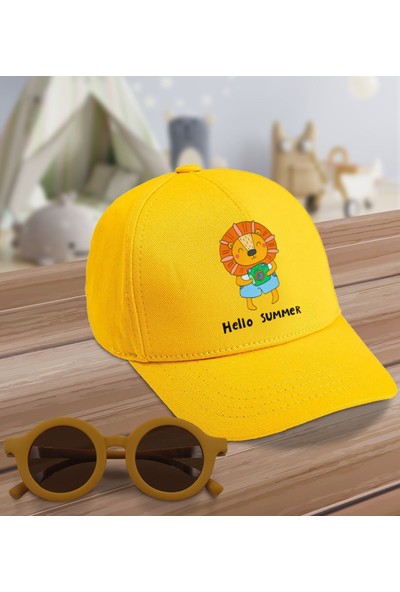 BK Kids Hello Summer Tasarımlı Sarı Cotton Çocuk Şapkası ve Sarı Çocuk Güneş Gözlüğü Hediye Seti